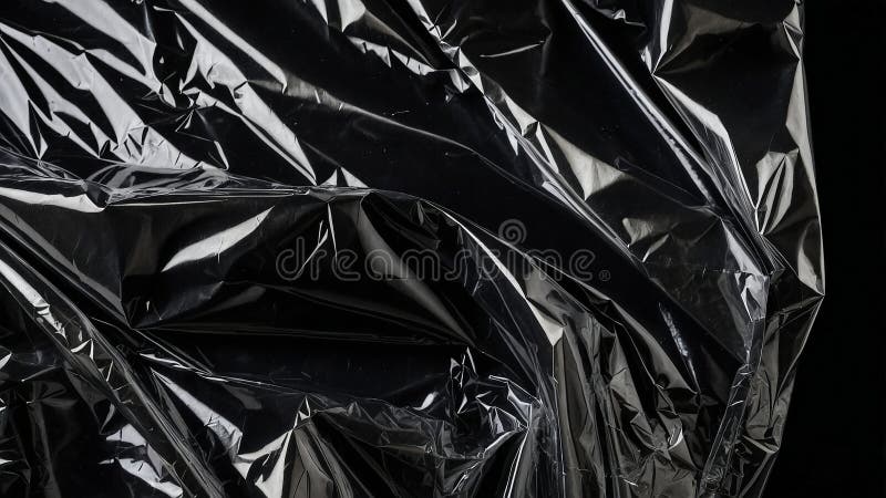 Crumpled and Wrinkled Shiny Black Plastic Sheets Reflect Light in an ...