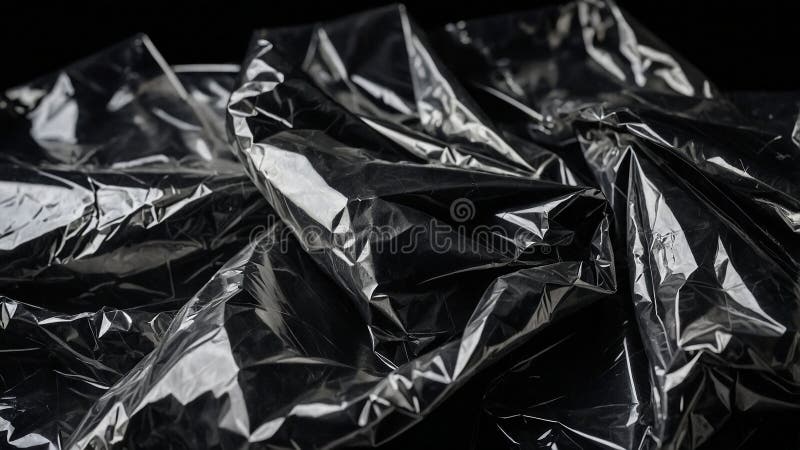 Crumpled and Wrinkled Shiny Black Plastic Sheets Reflect Light in an ...
