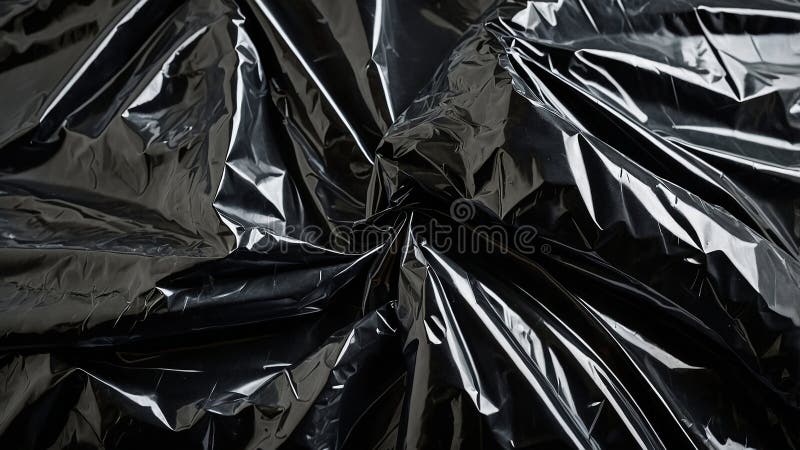 Crumpled and Wrinkled Shiny Black Plastic Sheets Reflect Light in an ...