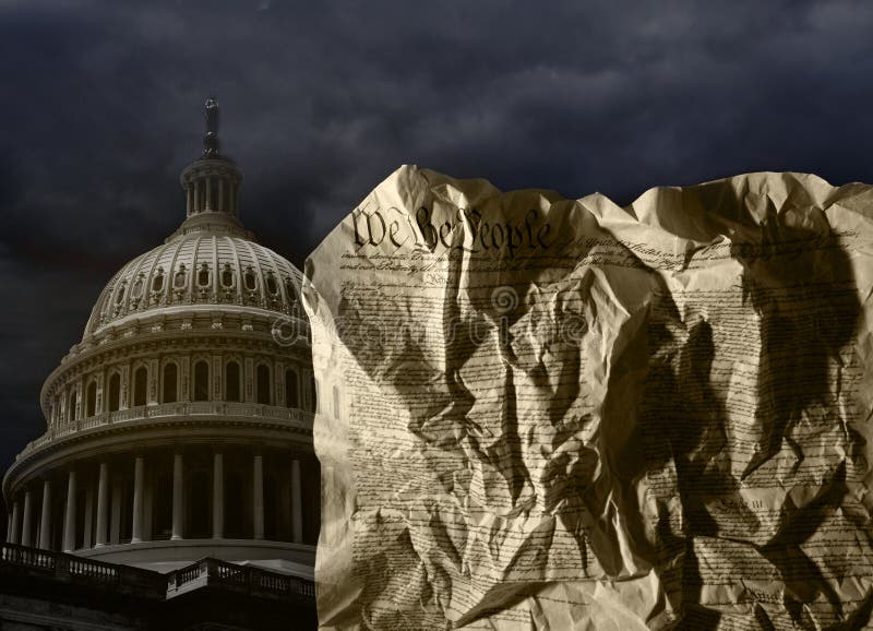 Crumpled and Wrinkled US Constitution with the US Capitol and Dark ...