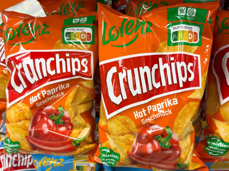 Crunchips Hot Paprika Flavored Chips in Colorful Packaging Display ...