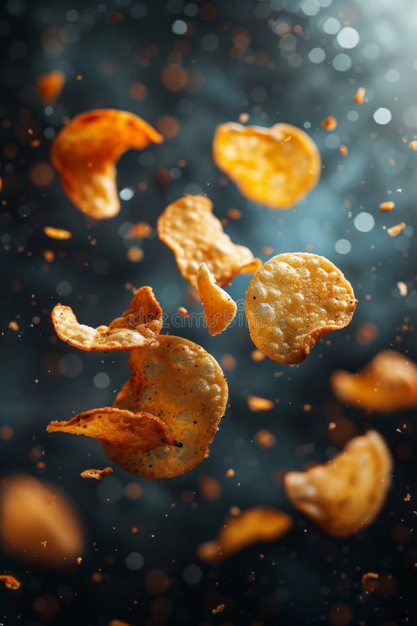 Crunchy Potato Chips Floating in the Air on a Dark Background. Stock ...