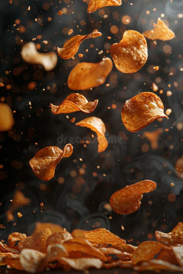 Crunchy Potato Chips Floating on a Dark Background, Ready To Be Enjoyed ...