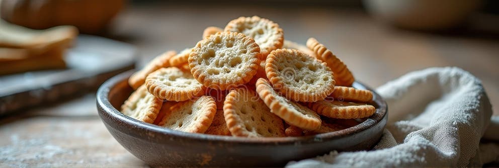 Crunchy Round Crackers in Rustic Wooden Bowl on Table with Soft ...