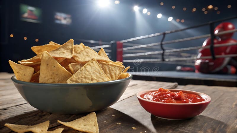 Crunchy Tortilla Chips and Salsa Snack during Boxing Match Stock Image ...