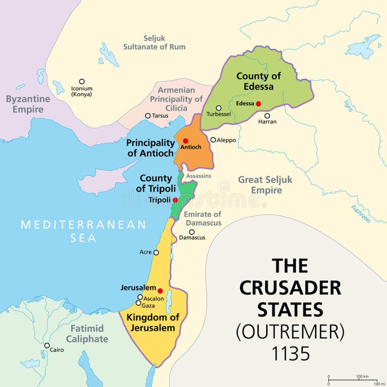 Crusader States at about 1135, Map of Outremer, Four Latin Catholic ...