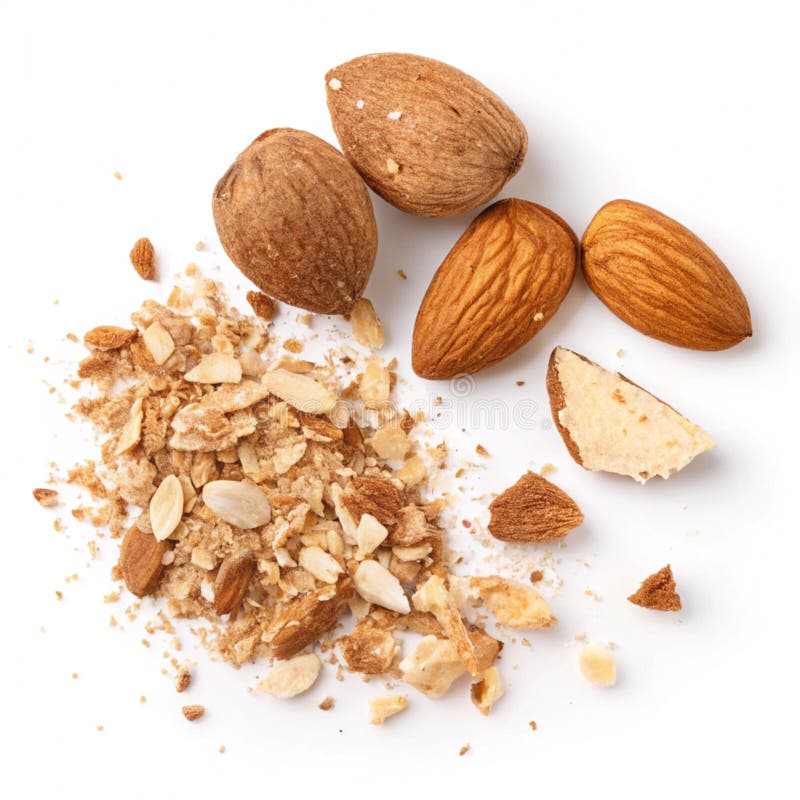 Crushed Almond Shells and Nuts Isolated on White Background Stock ...