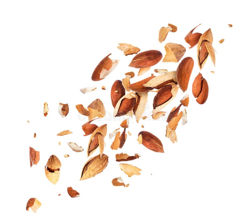 Crushed Almonds in the Air into Many Pieces Isolated on White ...
