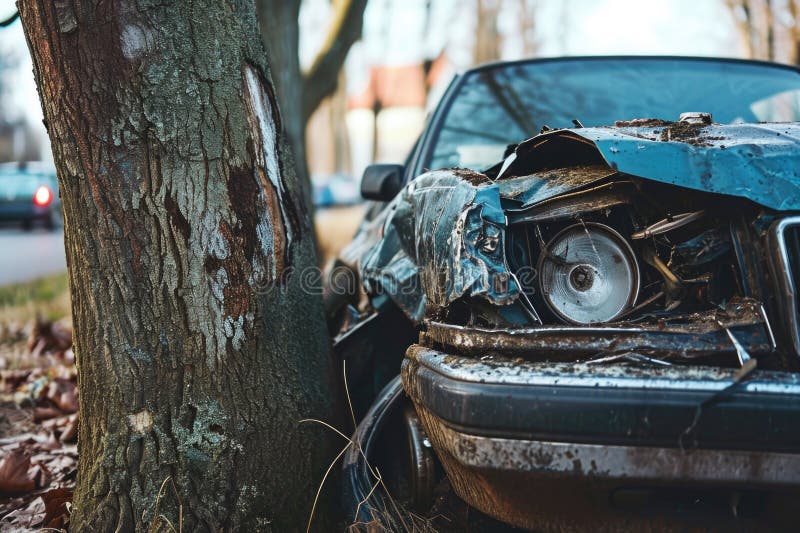 Crushed Car Front from Violent Collision with Tree Stock Image - Image ...