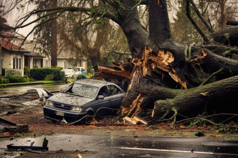Crushed Car Under a Fallen Tree on a Suburban Street Stock Illustration ...