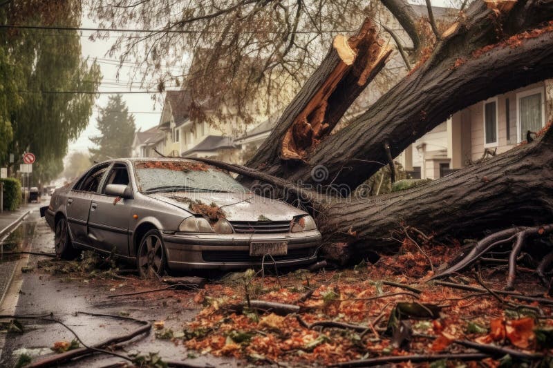 Crushed Car Under a Fallen Tree on a Suburban Street Stock Photo ...