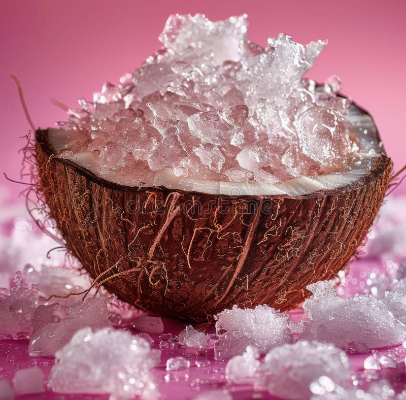 Crushed Ice in a Coconut Shell on Pink Background Stock Image - Image ...