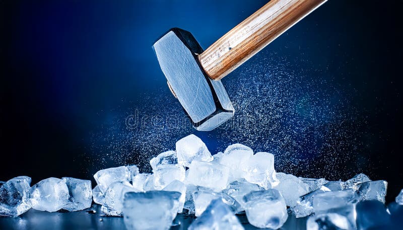 Crushed Ice Cubes Exploding Under Hammer Impact with Blue Lighting ...
