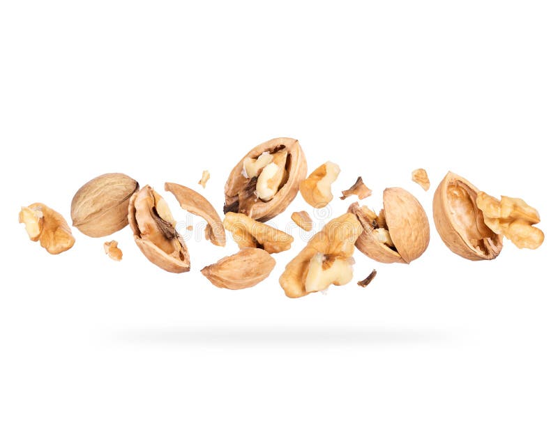 Crushed Walnuts Close-up Hovered in White Space Stock Photo - Image of ...