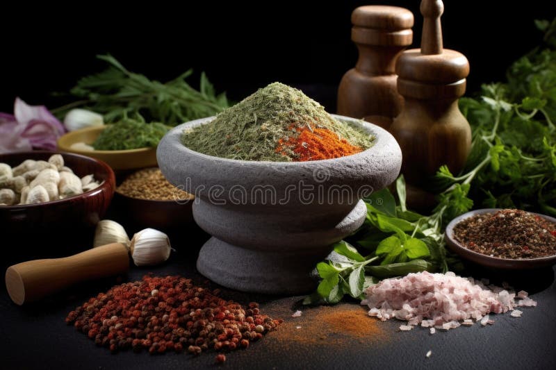 Crushing Spices Using a Stone Mortar and Pestle on a Kitchen Countertop ...
