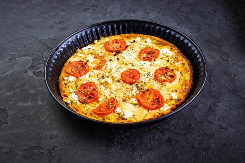 Crustless Vegetarian Pie with Eggs, Tomato, Basil and Cheese, Quiche or ...