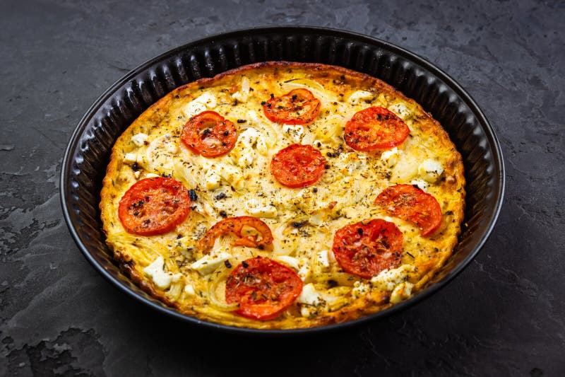 Crustless Vegetarian Pie with Eggs, Tomato, Basil and Cheese, Quiche or ...