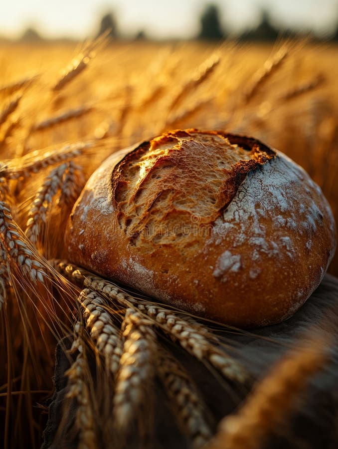 Crusty Bread Loaf on Wheat Field Background at Sunrise. Stock Image ...