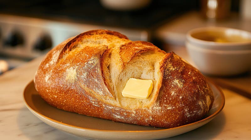 Crusty Sourdough Bread Loaf with Butter on a Plate Stock Image - Image ...