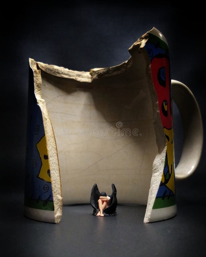 Crying Angel Figure in Broken Mug Stock Illustration - Illustration of ...