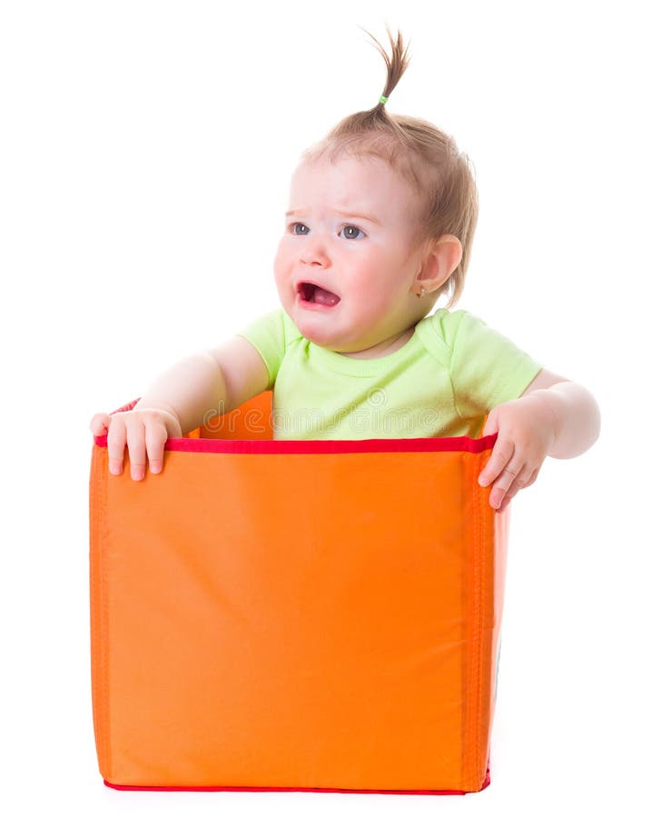 Crying Baby Girl Sitting in Box Stock Photo - Image of adorable ...