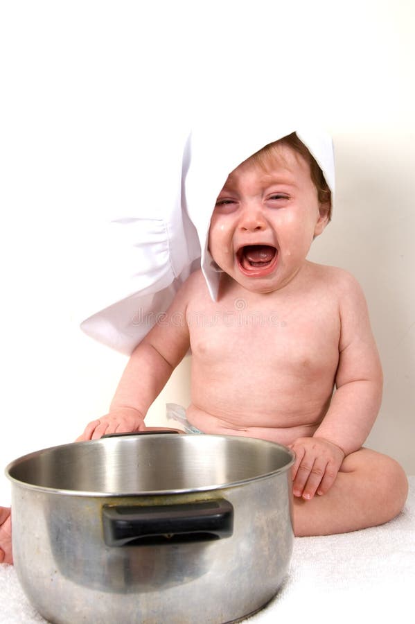 Weeping Cute Baby with Chef Cap and Pot Stock Image - Image of cooking ...