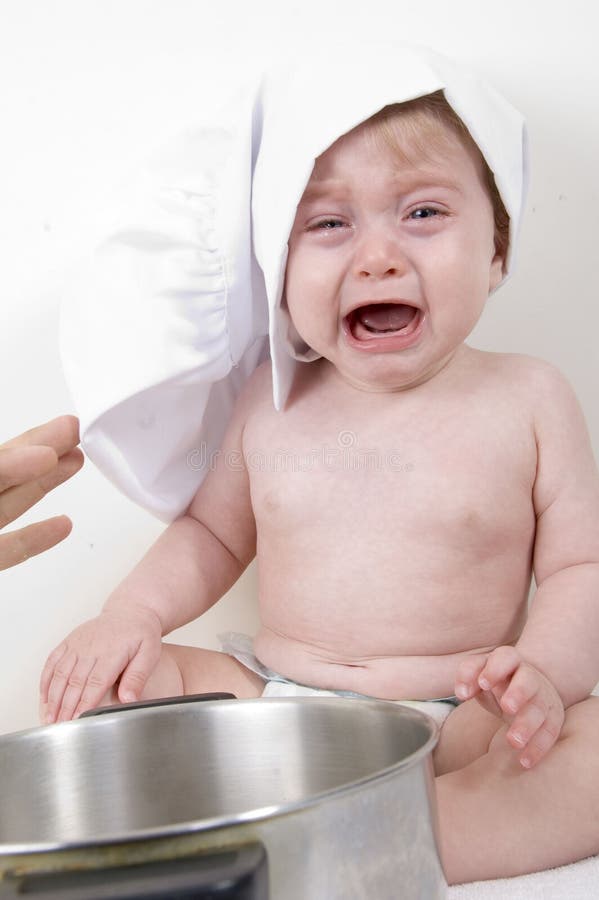 Weeping Cute Baby with Chef Cap and Pot Stock Image - Image of cooking ...