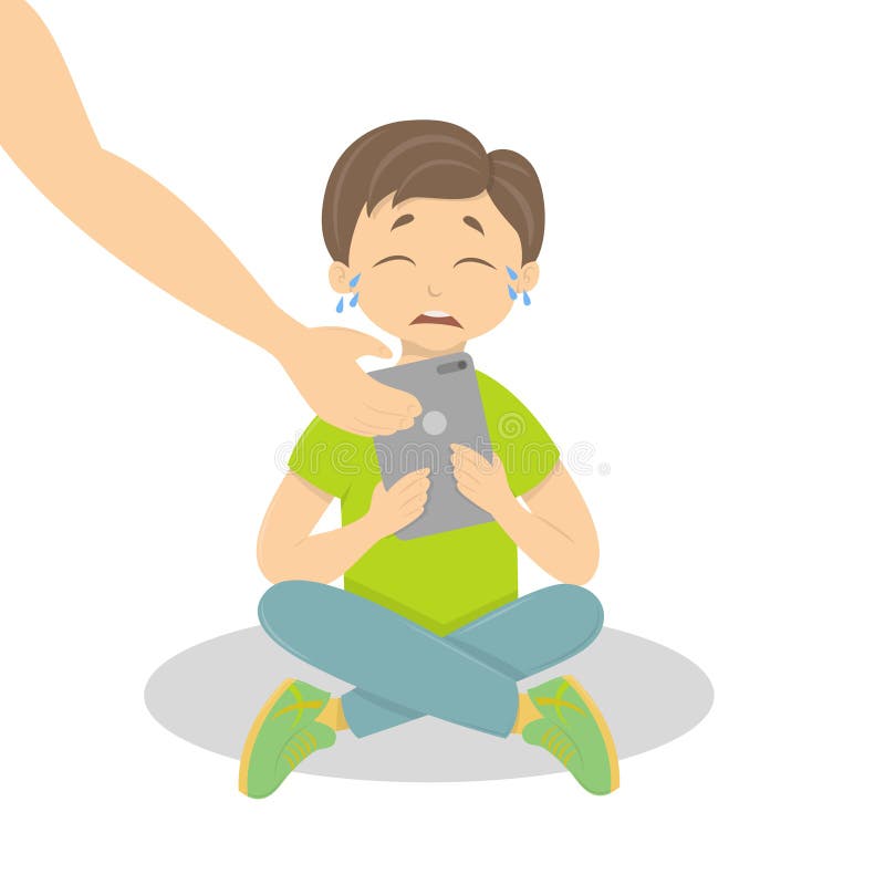 Crying boy with tablet. stock vector. Illustration of abuse - 89761804