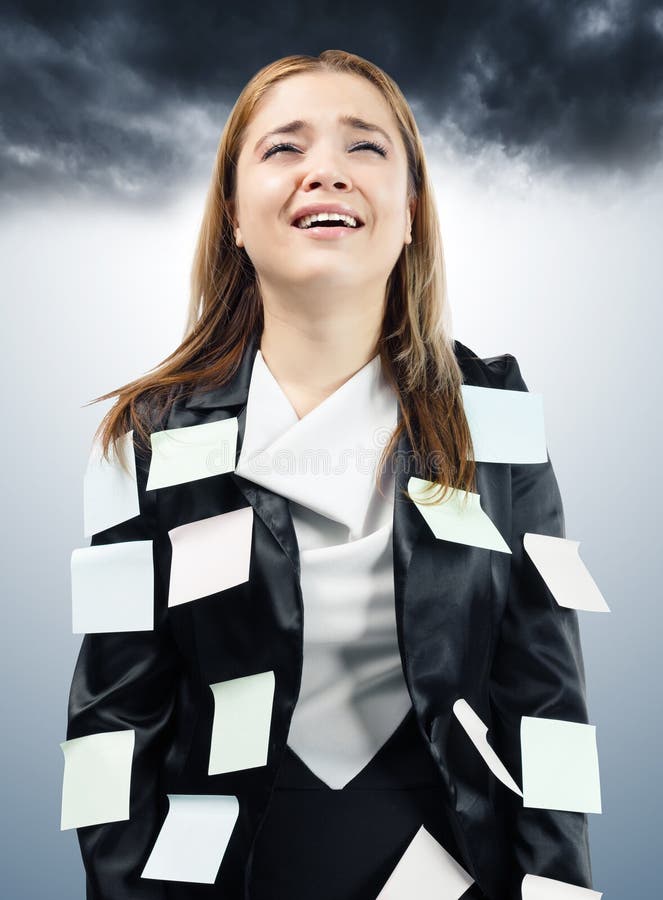 Crying Business Woman with Sticky Notes on Her Suit Stock Photo - Image ...