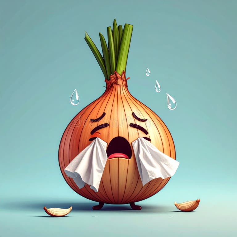 Crying Cartoon Onion with Tissues on Blue Background Stock Illustration ...