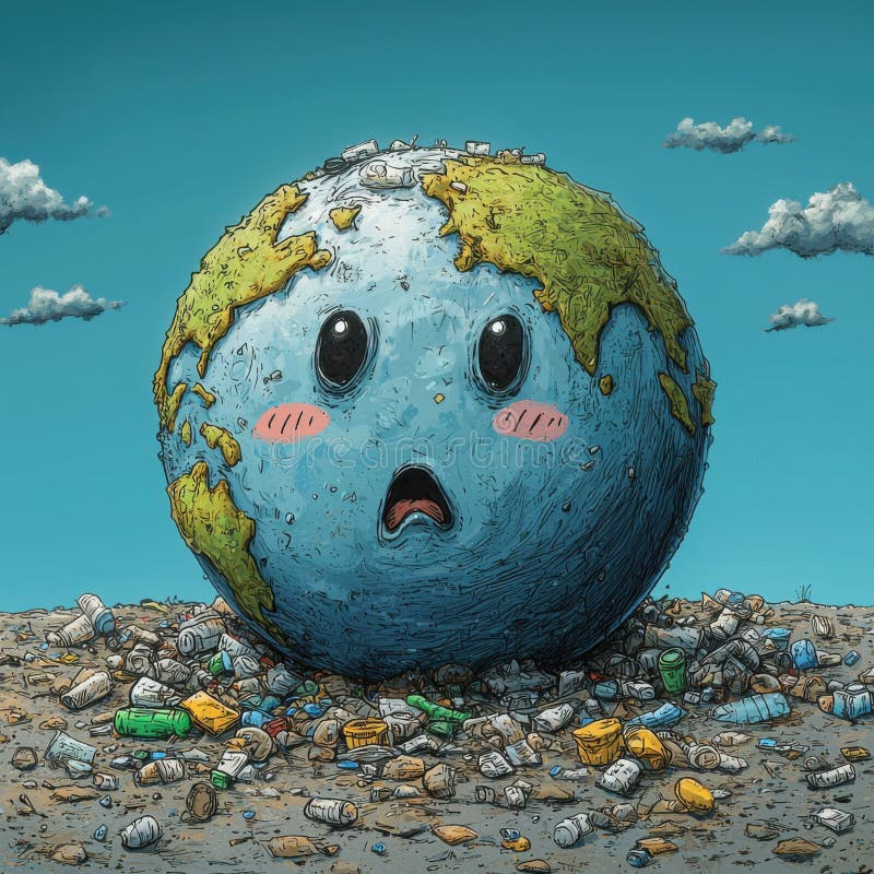 Crying Earth Cartoon Character Surrounded by Plastic Waste, Expressing ...