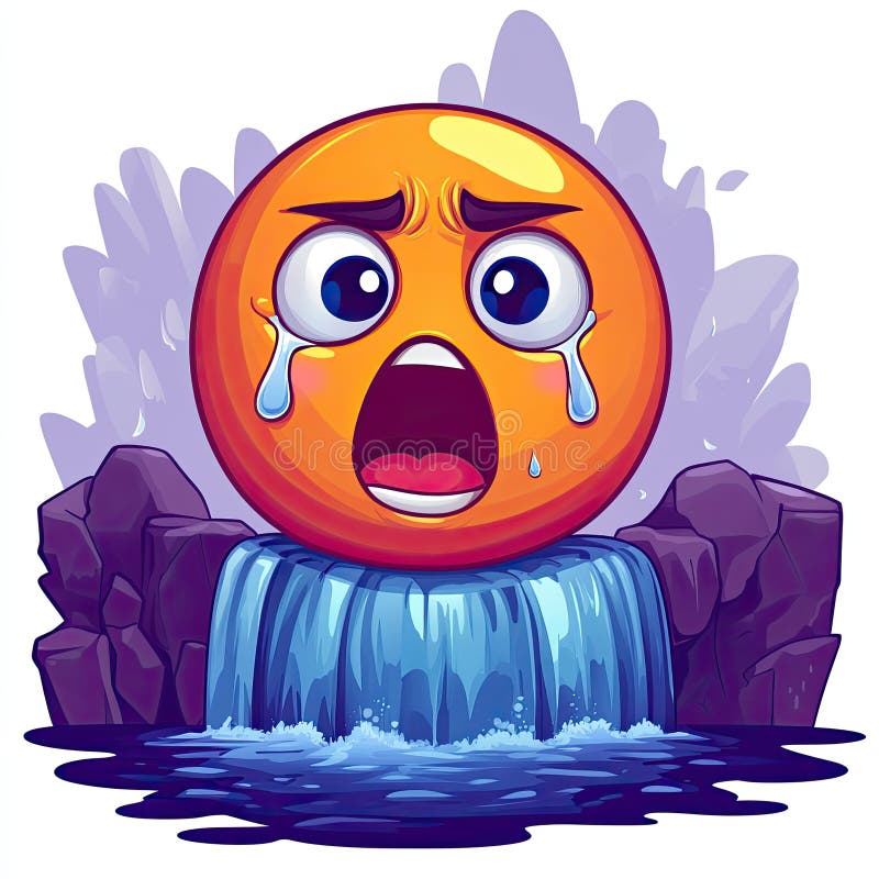 Crying Emoji with Waterfall, Dramatic Expression, Cartoon Style Stock ...