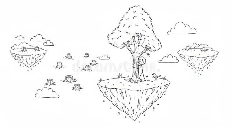 A Crying Figure Hugging a Tree on a Floating Island, Surrounded Stock ...