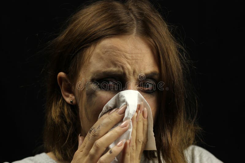Crying Girl Blows Her Nose with a Handkerchief Stock Photo - Image of ...