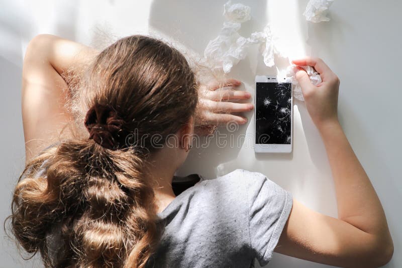 Crying Girl with Broken Smart Phone. Stock Image - Image of lost, cell ...
