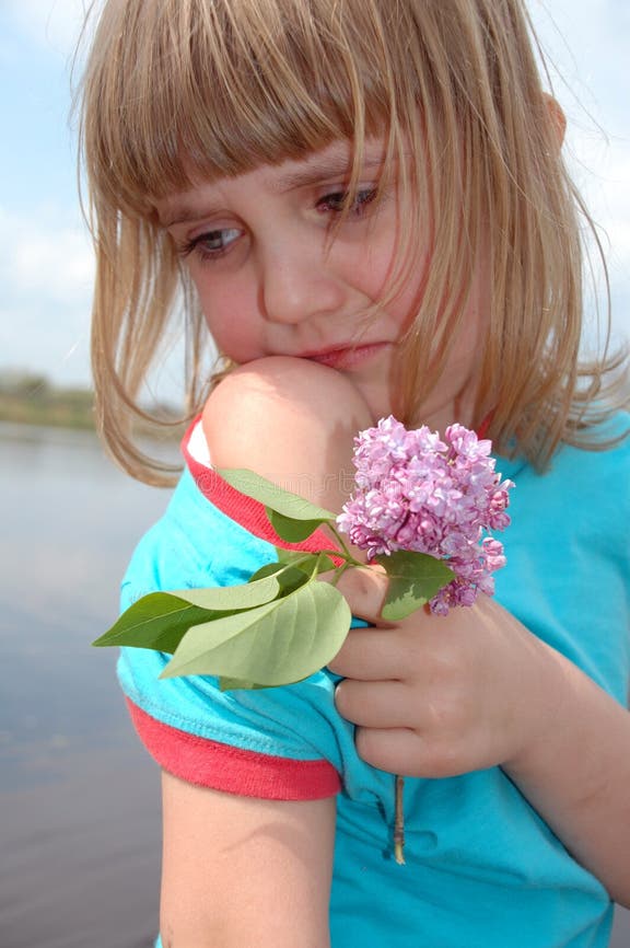 Crying girl with lilac stock photo. Image of long, outdoors - 5078554