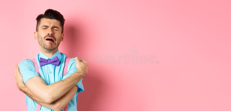 Crying Guy Hugging Himself, Feeling Sad and Lonely, Standing Unhappy on ...