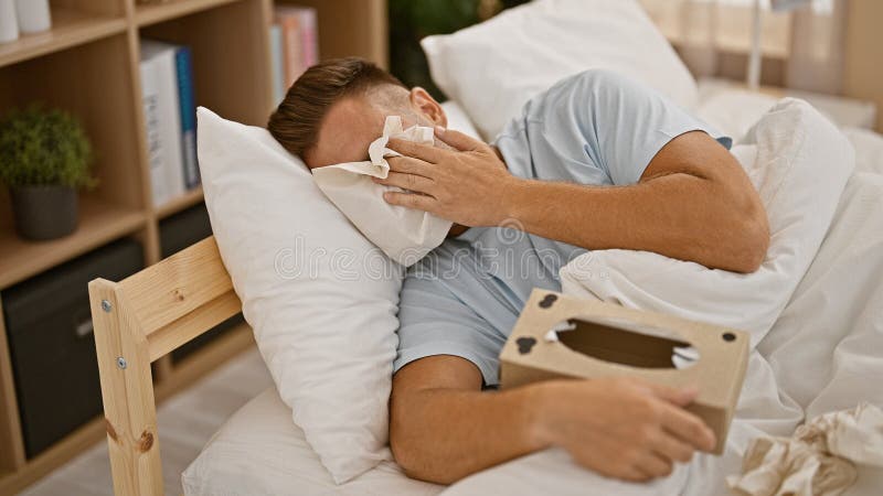 Crying Hispanic Man with a Beard Lying in Bed at Home, Covering Face ...