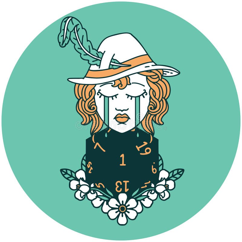 Crying Human Bard with Natural One D20 Dice Roll Icon Stock Vector ...