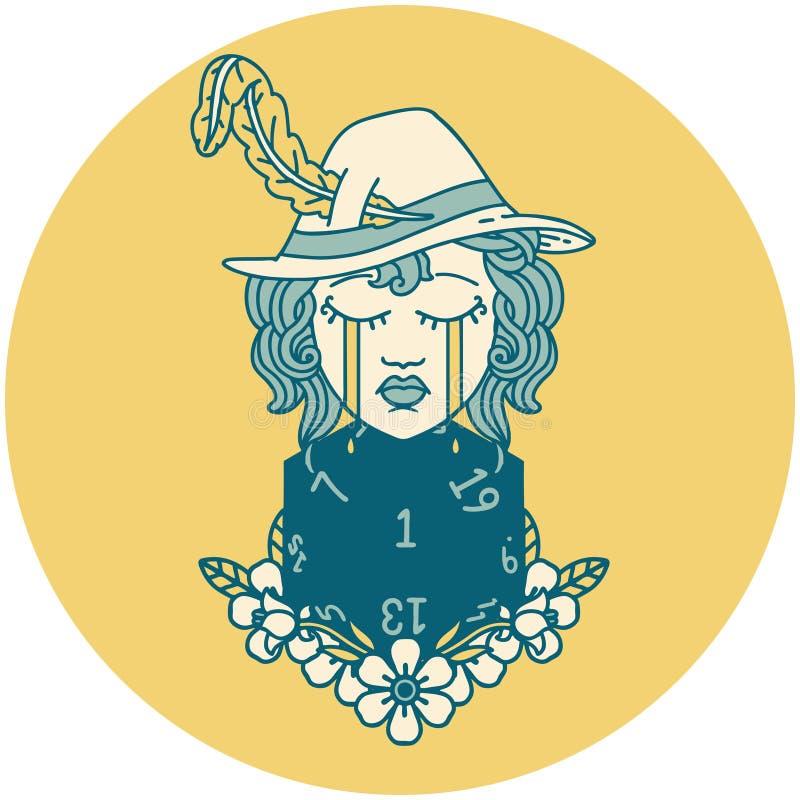 Crying Human Bard with Natural One D20 Dice Roll Icon Stock Vector ...
