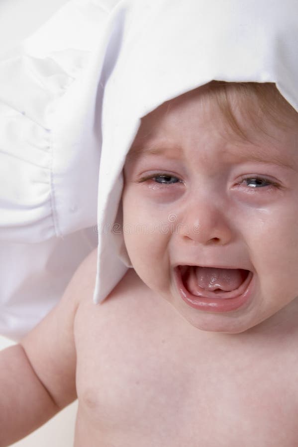 Weeping Cute Baby with Chef Cap and Pot Stock Image - Image of cooking ...