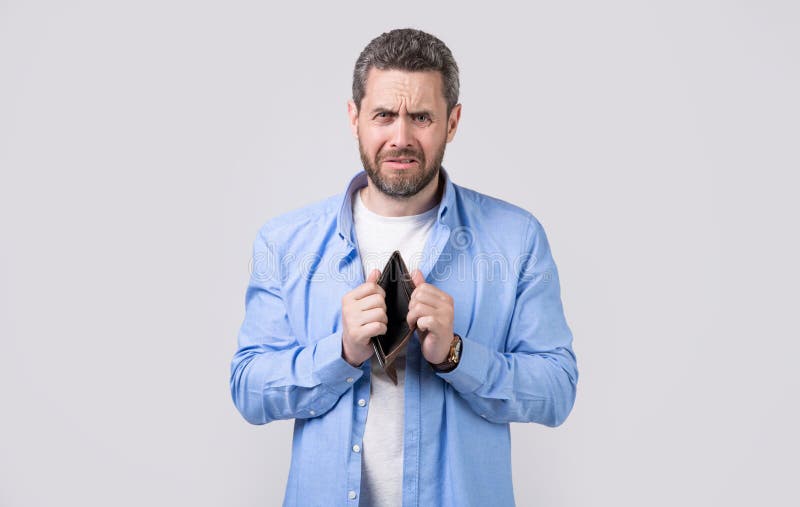 Crying Poor Man with Wallet in Studio. Poor Man with Wallet at Hand ...