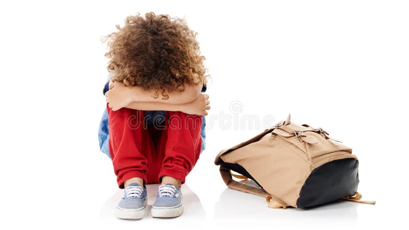 Crying, Sad and Child with Backpack on a White Background for ...