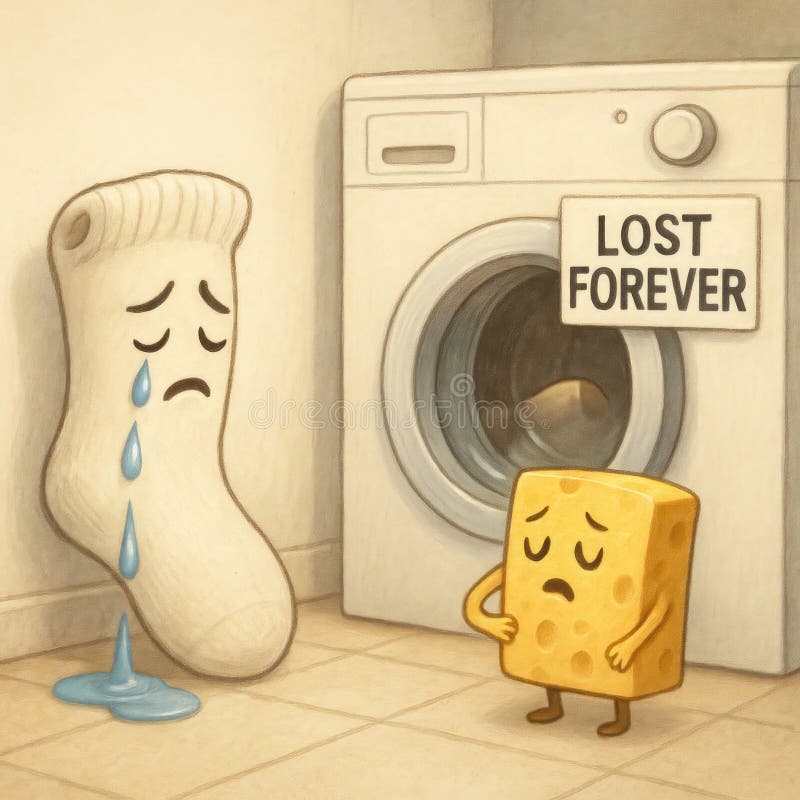A Crying Sock and a Sad Sponge at the Washing Machine. Stock Photo ...