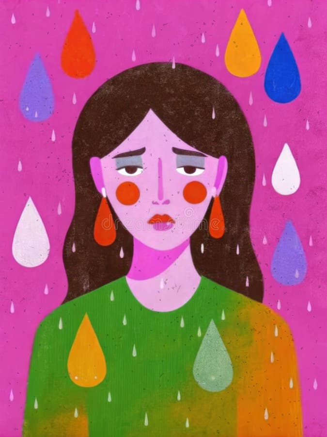 Crying Woman Amidst Falling Raindrops on Fiery Background Stock ...