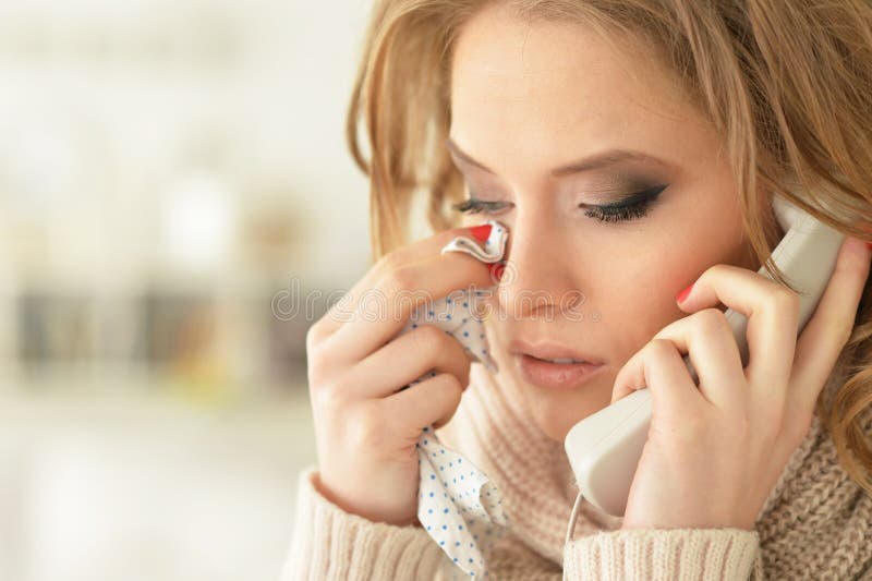 Crying woman with phone stock image. Image of pretty - 95147661