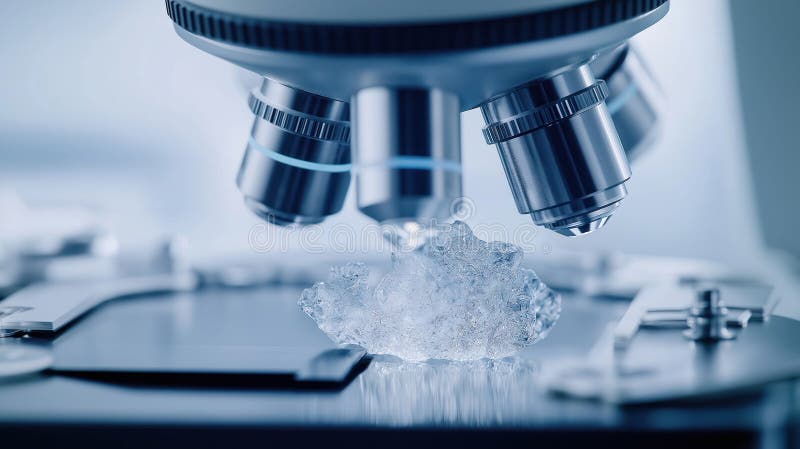 Cryo-EM Tech Tiny Biological Sample Details. Closeup View of Microscope ...