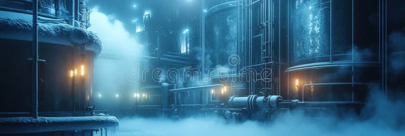 Cryogenic Storage Tank Facility with Frost Covered Pipes and Cold Mist ...
