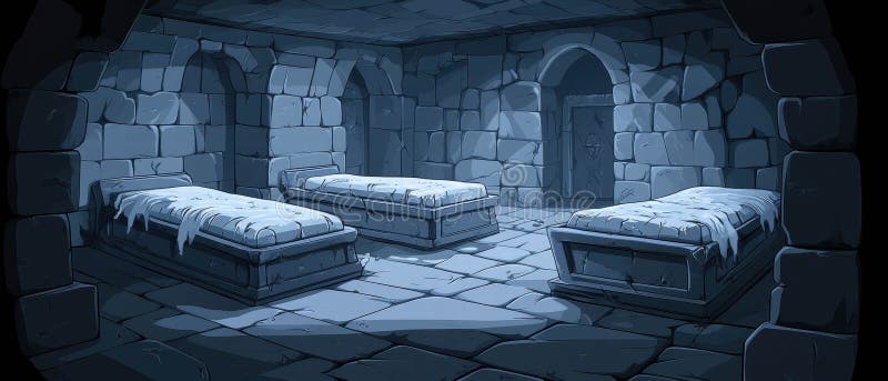 Crypt Scene Featuring Stone Coffins in a Haunting Castle Background ...