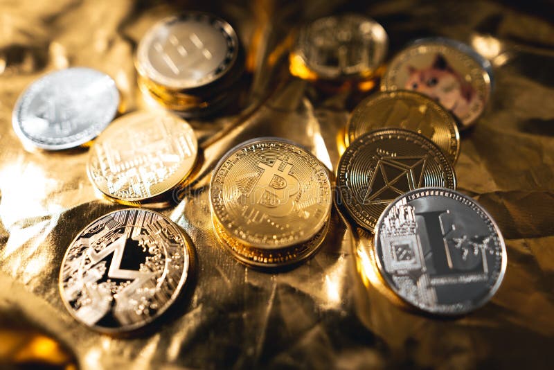 Crypto Coins on Gold Background Stock Image - Image of coin, litecoin ...